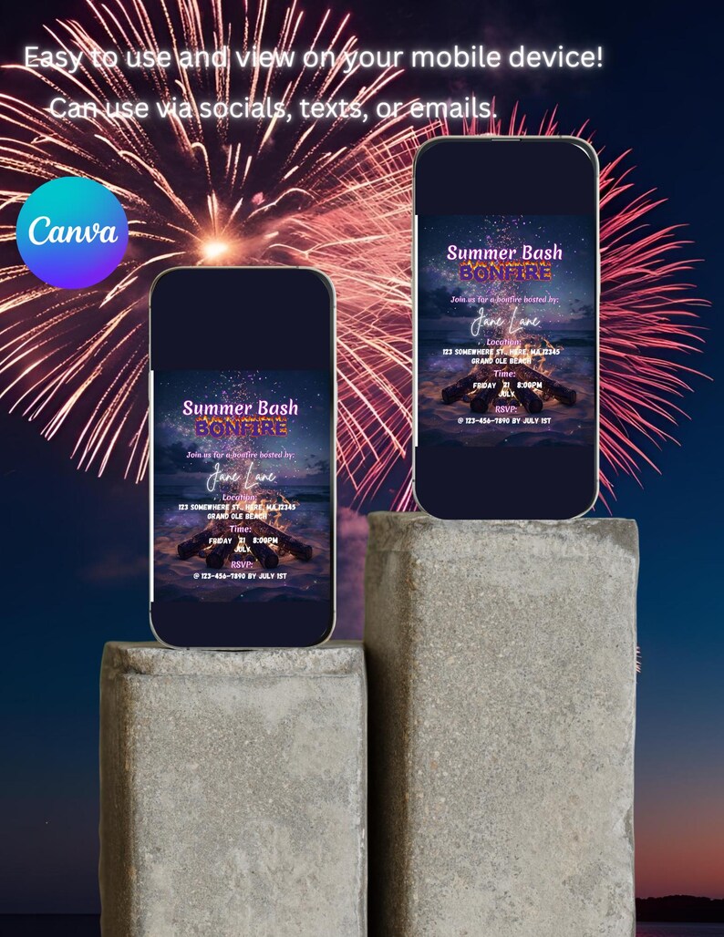 Editable Summer Bonfire Party Invitation: Beach Bash Digital Invite ...