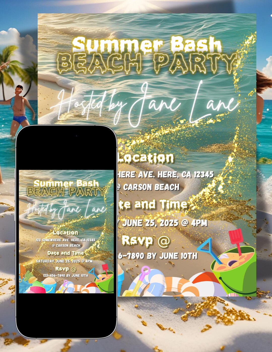 Editable Beach Party Invitation: Blue & Gold Summer Bash (digital ...