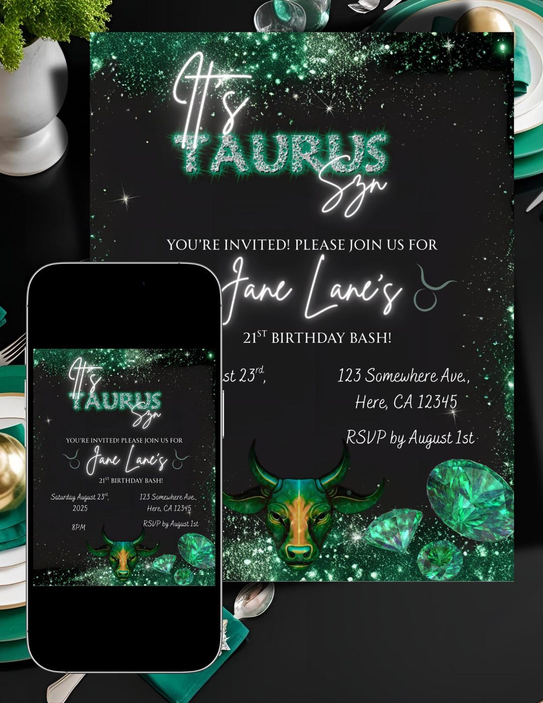 Editable Taurus Birthday Party Invitation: Green & Black Emerald Design ...