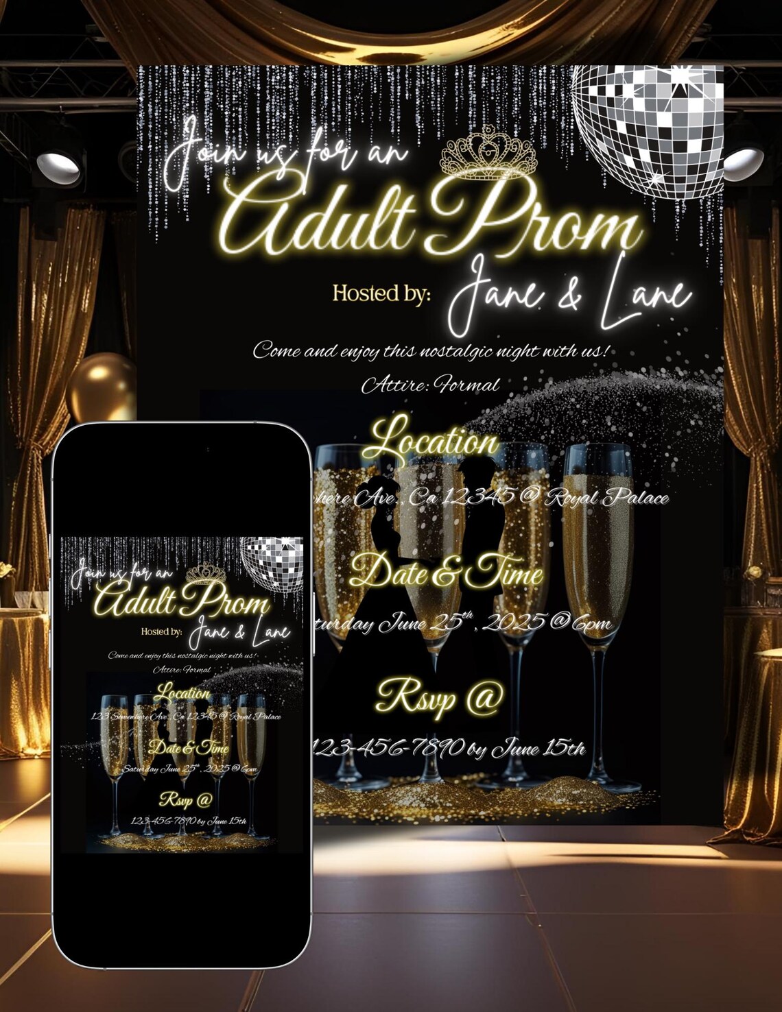 Editable Adult Prom Night Invitation: Gold & Black Theme (digital ...