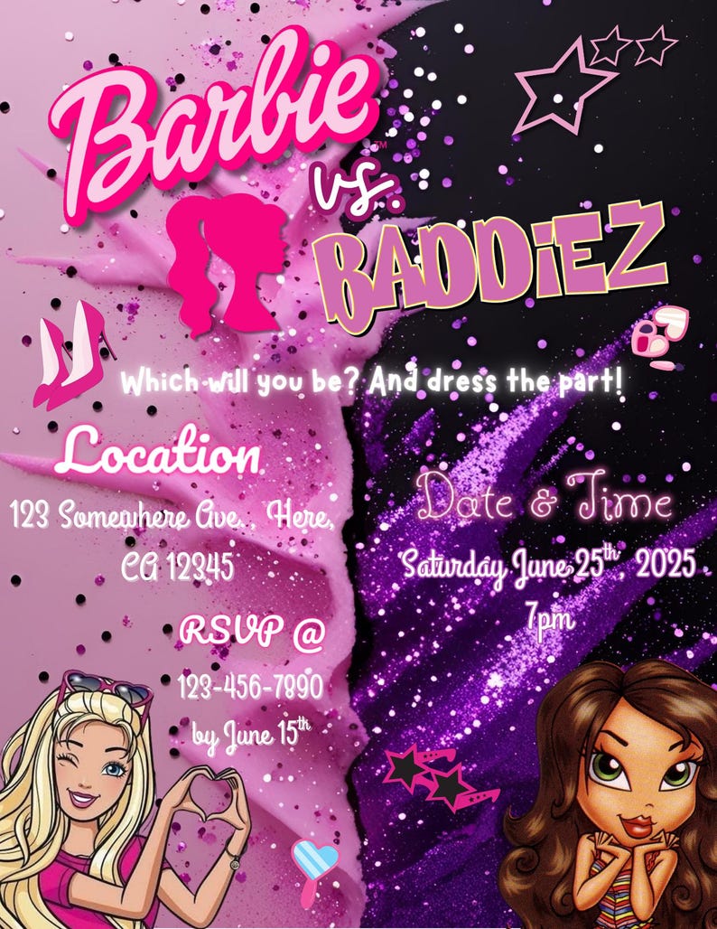 Barbie Vs Bratz Birthday Invitation: Pink & Purple Party (digital ...