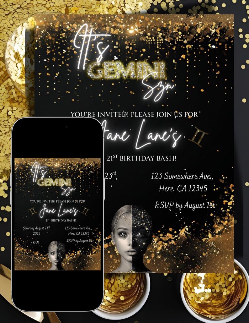 Gemini Birthday Party Invitation: Gold & Black, Editable Digital Card ...