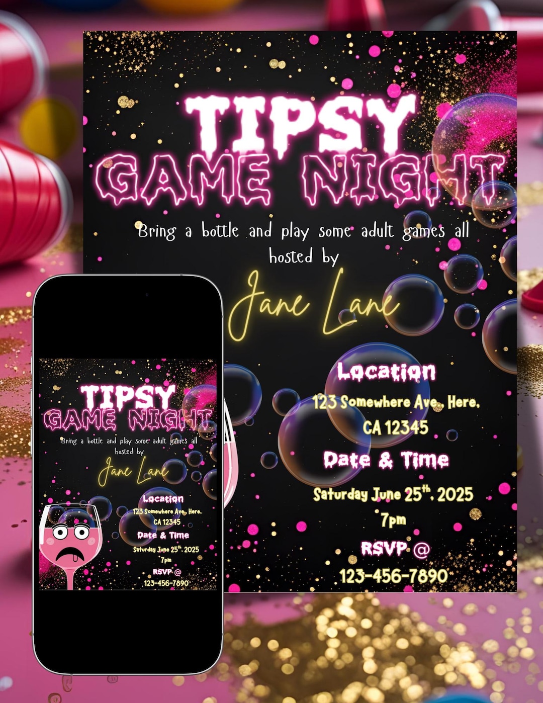 Tipsy Game Night Invitation: Pink & Gold, Editable Template (digital ...