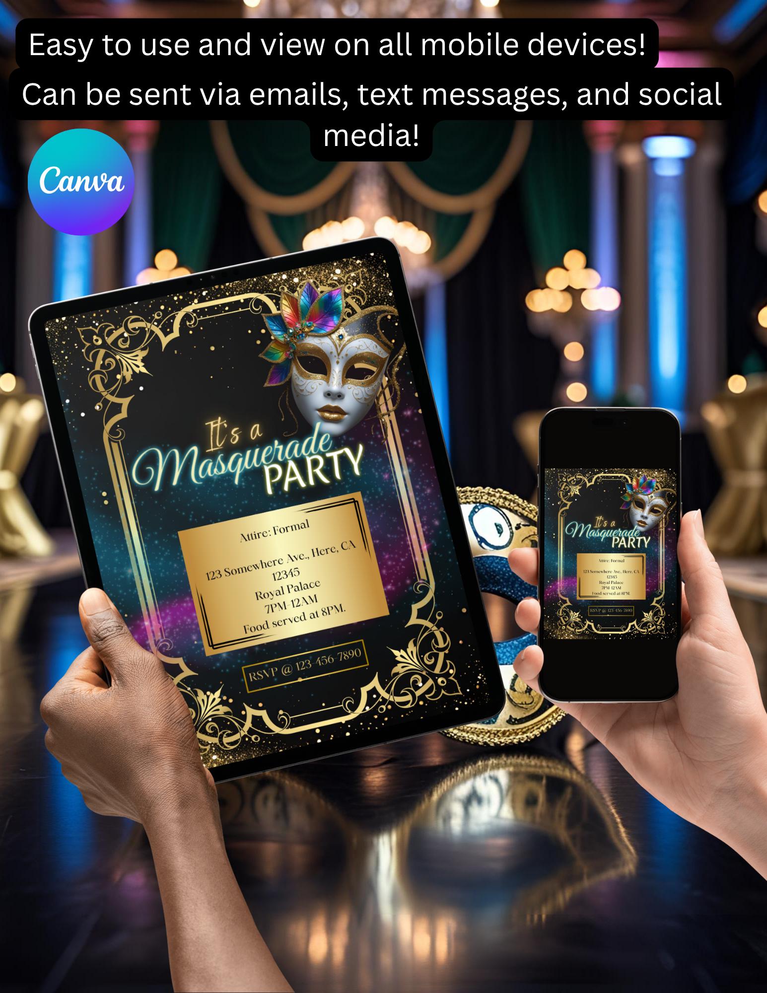 Rainbow Masquerade Ball Invitation: Editable Gold Mask Party (digital ...