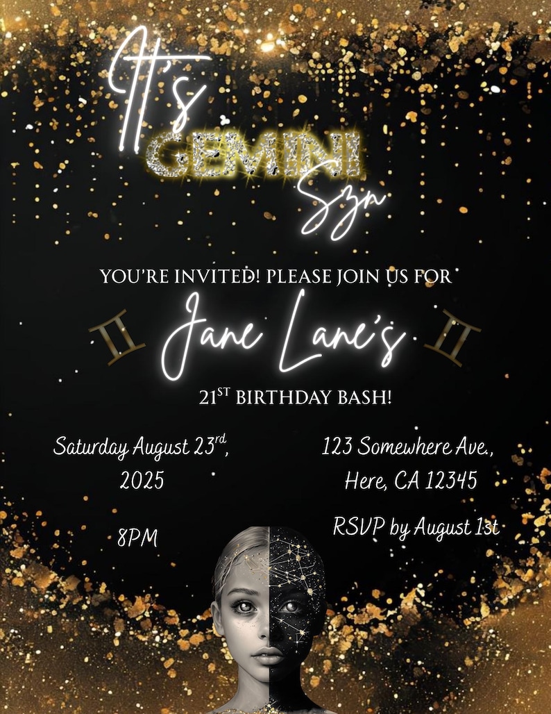 Gemini Birthday Party Invitation: Gold & Black, Editable Digital Card ...