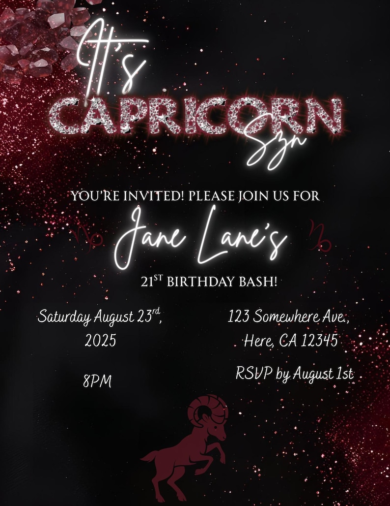 Editable Capricorn Birthday Party Invitation: Red & Black Garnet Design ...
