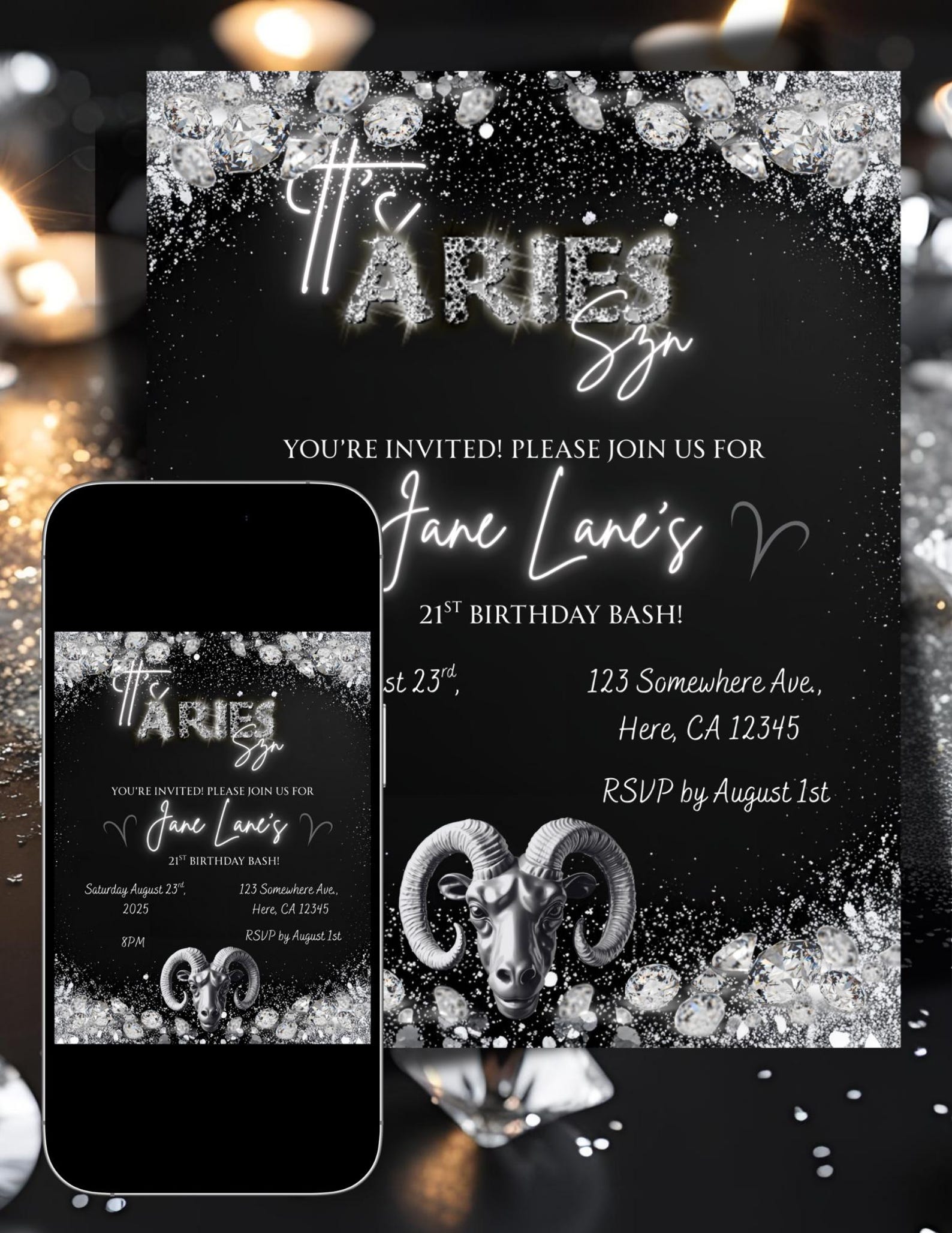 Aries Birthday Party Invitation: Editable Diamond Design (digital ...