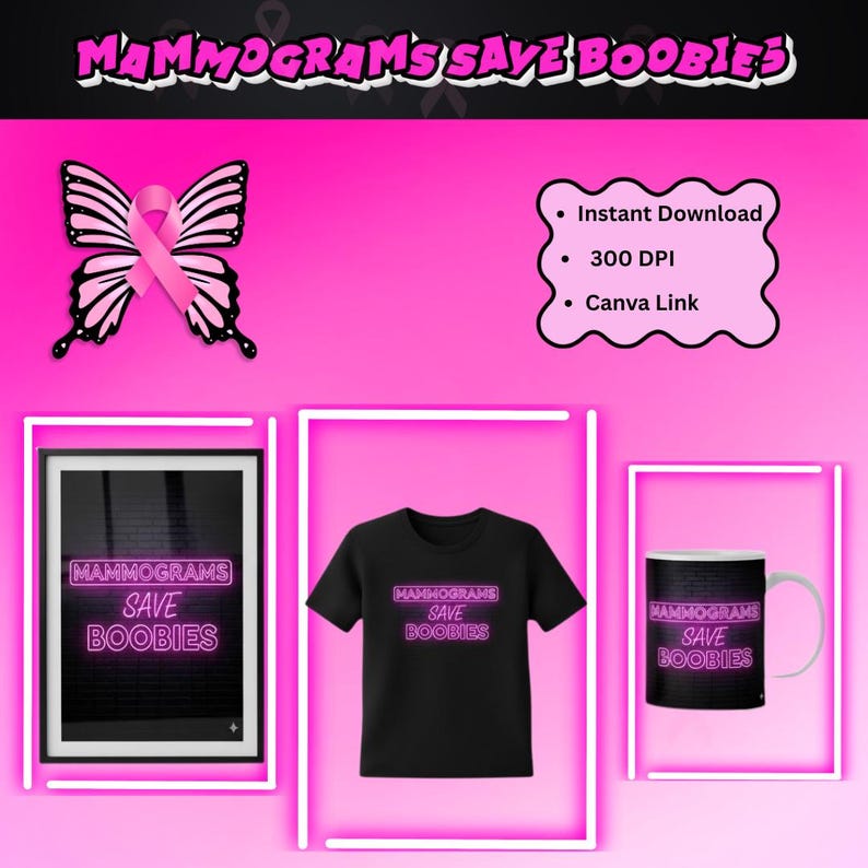 Mammograms Save Boobies PNG | Breast Cancer Awareness Neon Sign Design ...