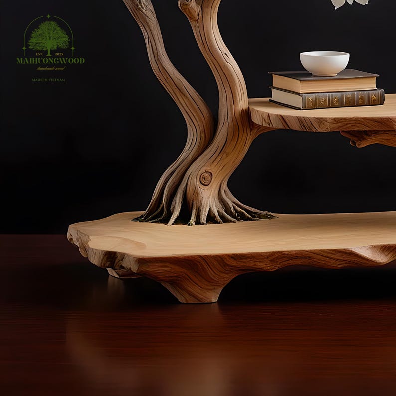 Wooden Desktop Tree Shelf With Artificial Blossoms – Handmade Rustic ...