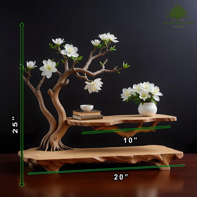 Wooden Desktop Tree Shelf With Artificial Blossoms – Handmade Rustic ...