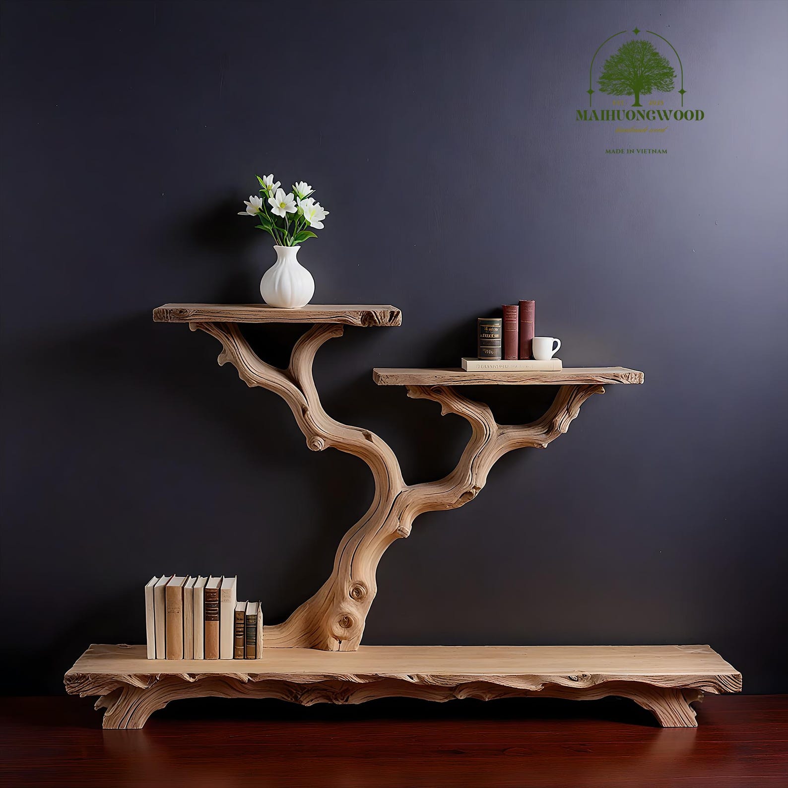 Nature-inspired Tree Limb Shelf With Decorative Flowers – Unique Wooden ...
