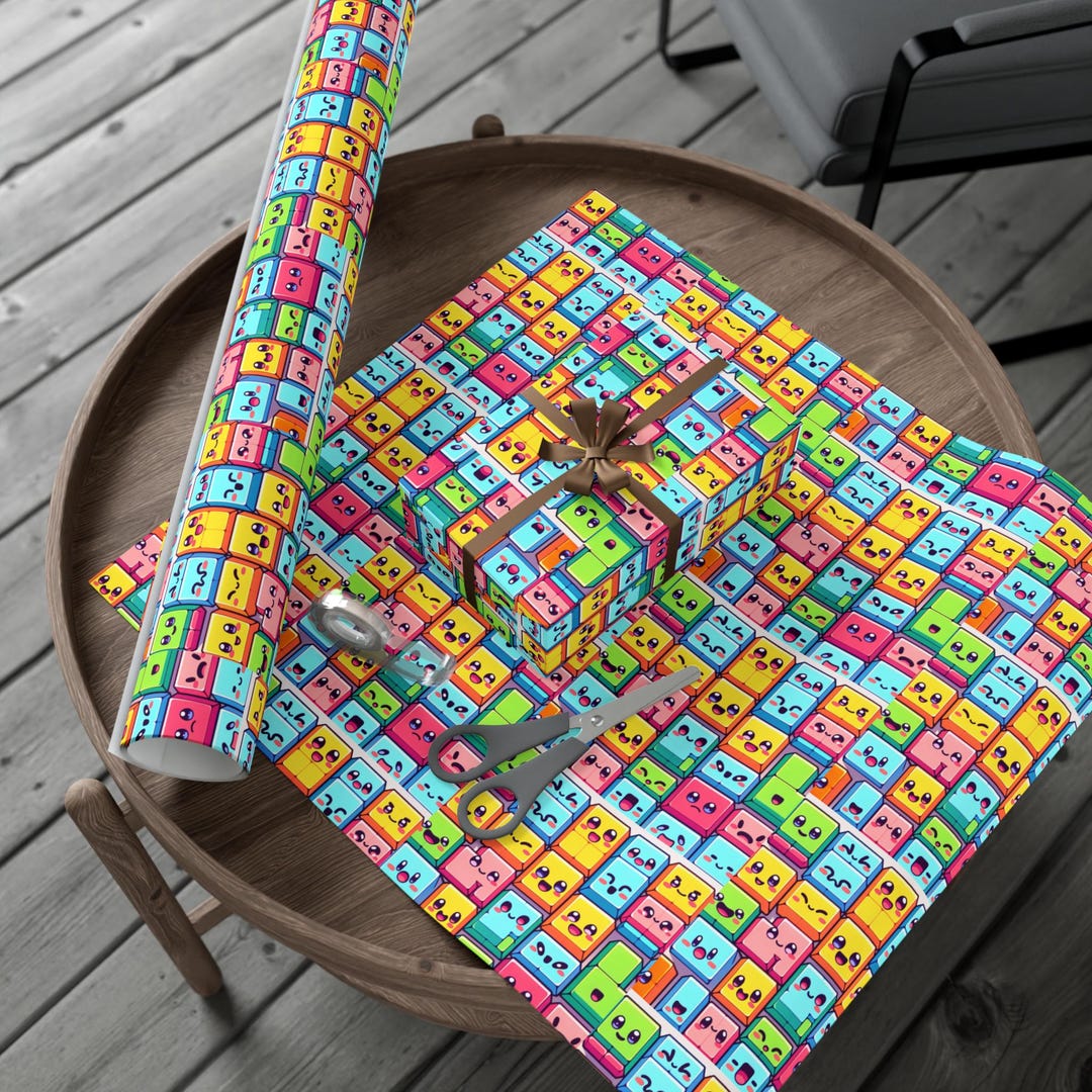 Wrapping Paper, Tetris Blocks With Faces Gift Wrap, Cute Gift Wrap ...