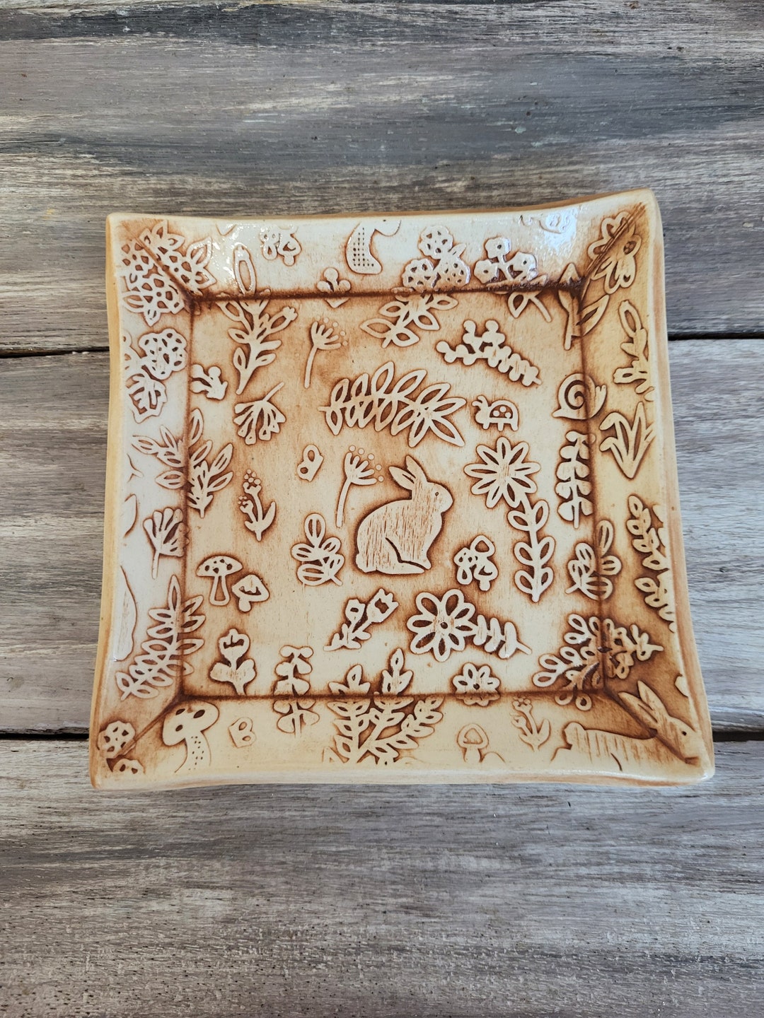 Square Rabbit Dish Ceramic Pottery Plate Mushrooms Bunny Easter Food ...