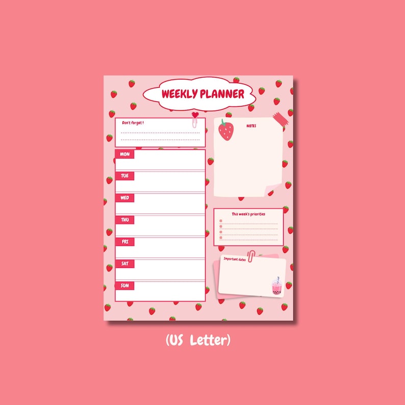 Strawberry Printable Planner Bundle - Daily, Weekly & Monthly Pages ...