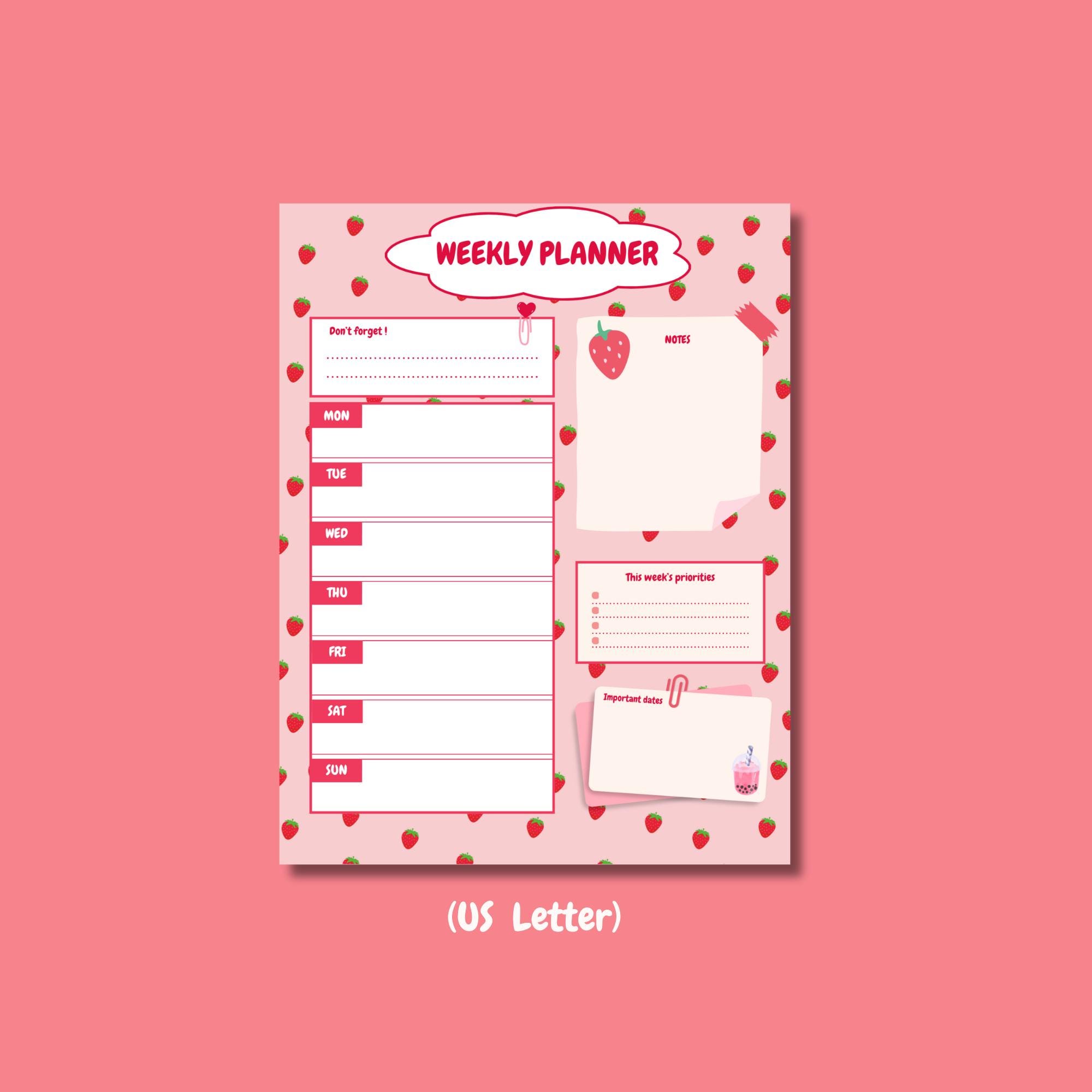 Strawberry Printable Planner Bundle - Daily, Weekly & Monthly Pages ...
