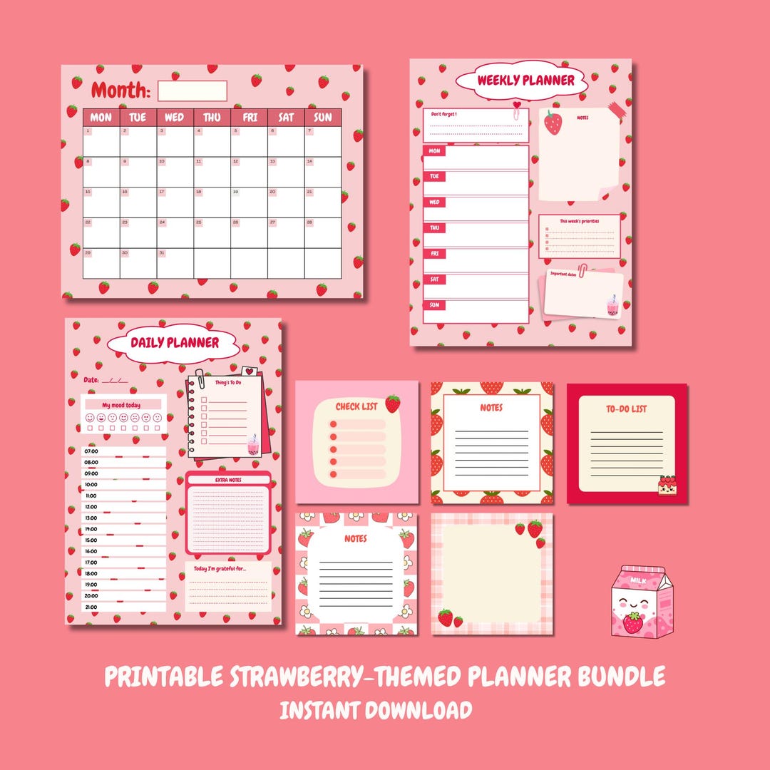 Strawberry Printable Planner Bundle - Daily, Weekly & Monthly Pages ...