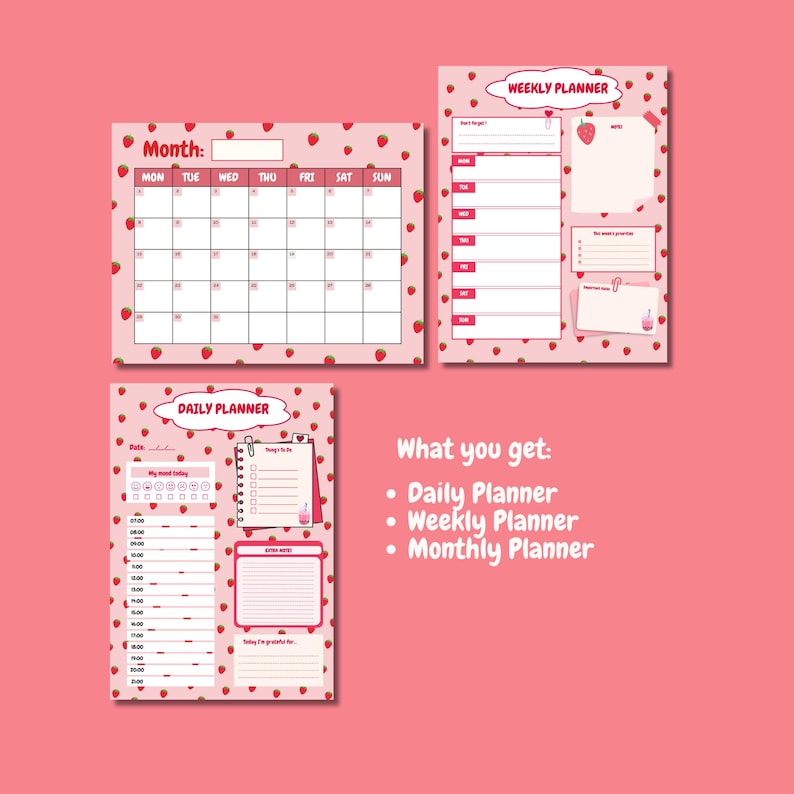 Strawberry Printable Planner Bundle - Daily, Weekly & Monthly Pages ...