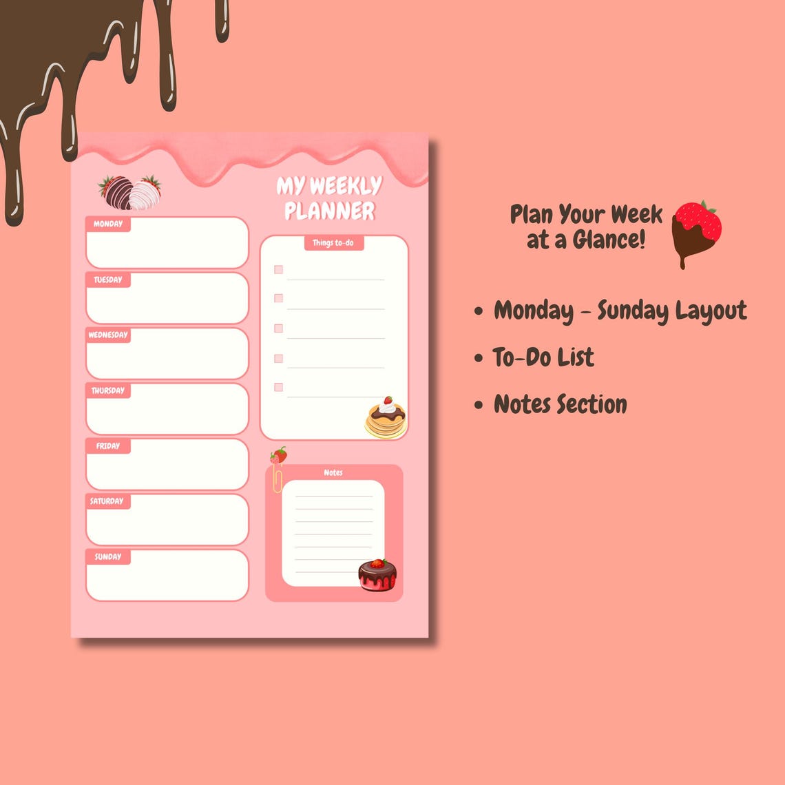 Choco Strawberry Planner Bundle - Cute Printable Daily, Weekly ...