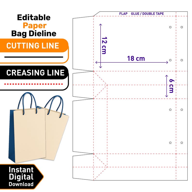 Printable Gift Bag Dieline Template | Candle Packaging SVG PDF (12x6x18 ...