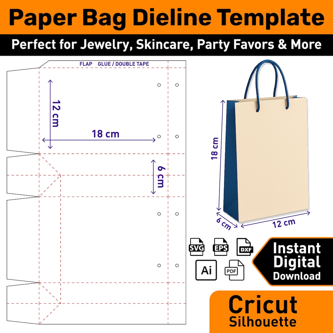 Printable Gift Bag Dieline Template | Candle Packaging SVG PDF (12x6x18 ...