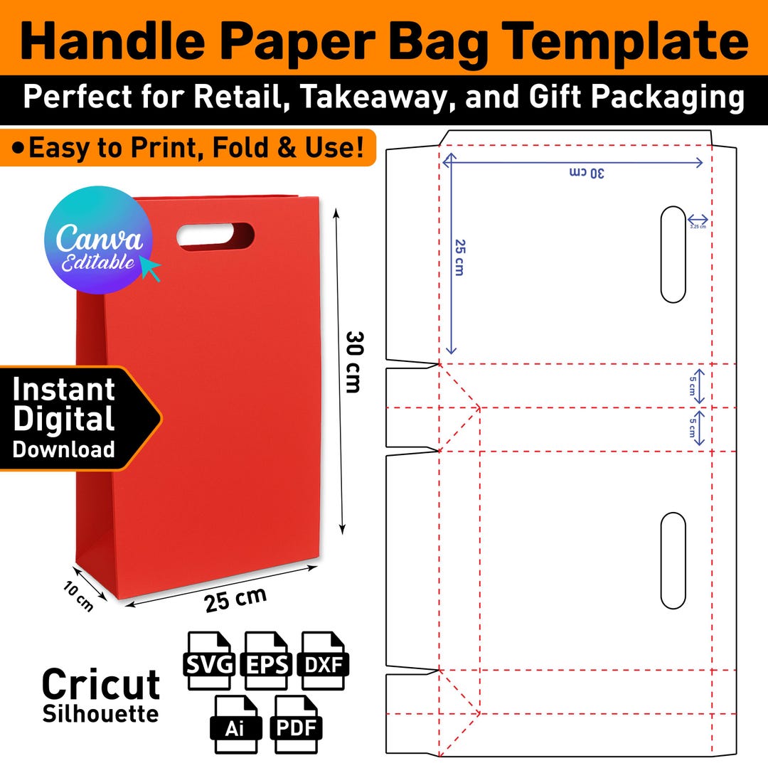Handle Paper Bag Dieline Template | 25x23x10 Cm Handle Bag SVG PDF AI ...