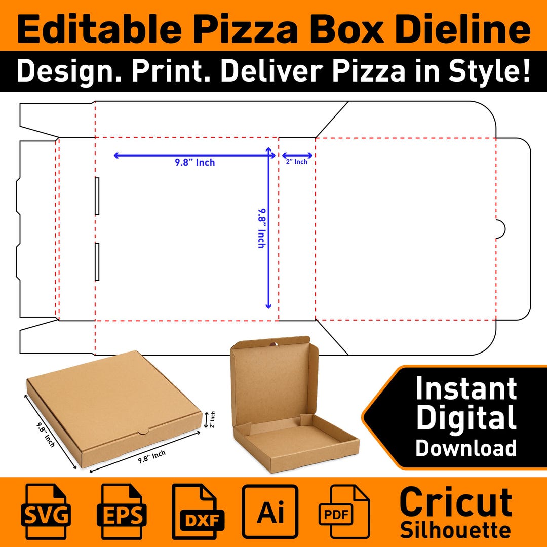 Pizza Box Dieline Template – 9.8x9.8x2 Inch, SVG, PDF, AI (digital ...