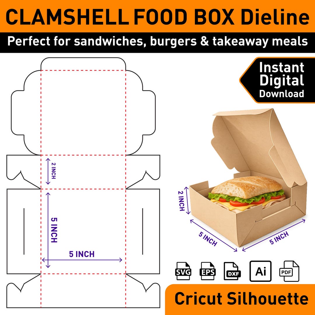 Clamshell Food Box Template | 5x5x2 Inch Takeaway Packaging (svg, Dxf ...