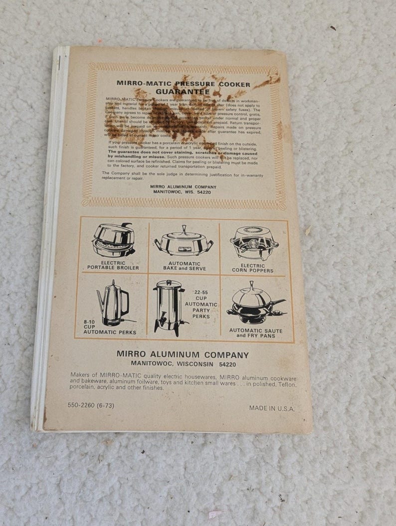 1972 Mirro Matic Pressure Cooker Instruction Manual Cookbook 1st ...