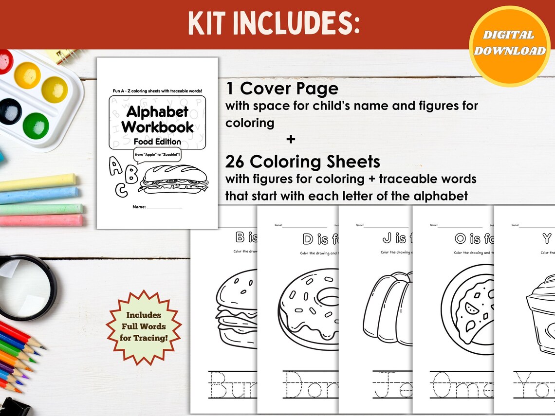 Alphabet Food Coloring Pages: Traceable Letters, Preschool Learning ...