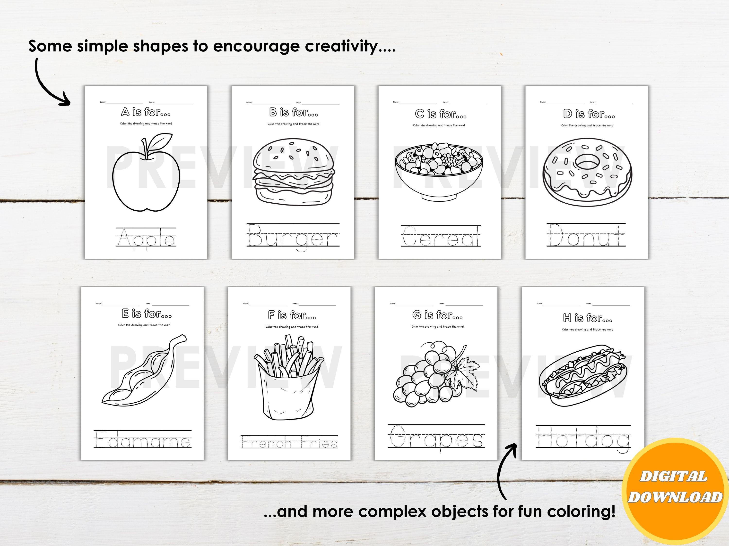 Alphabet Food Coloring Pages: Traceable Letters, Preschool Learning ...