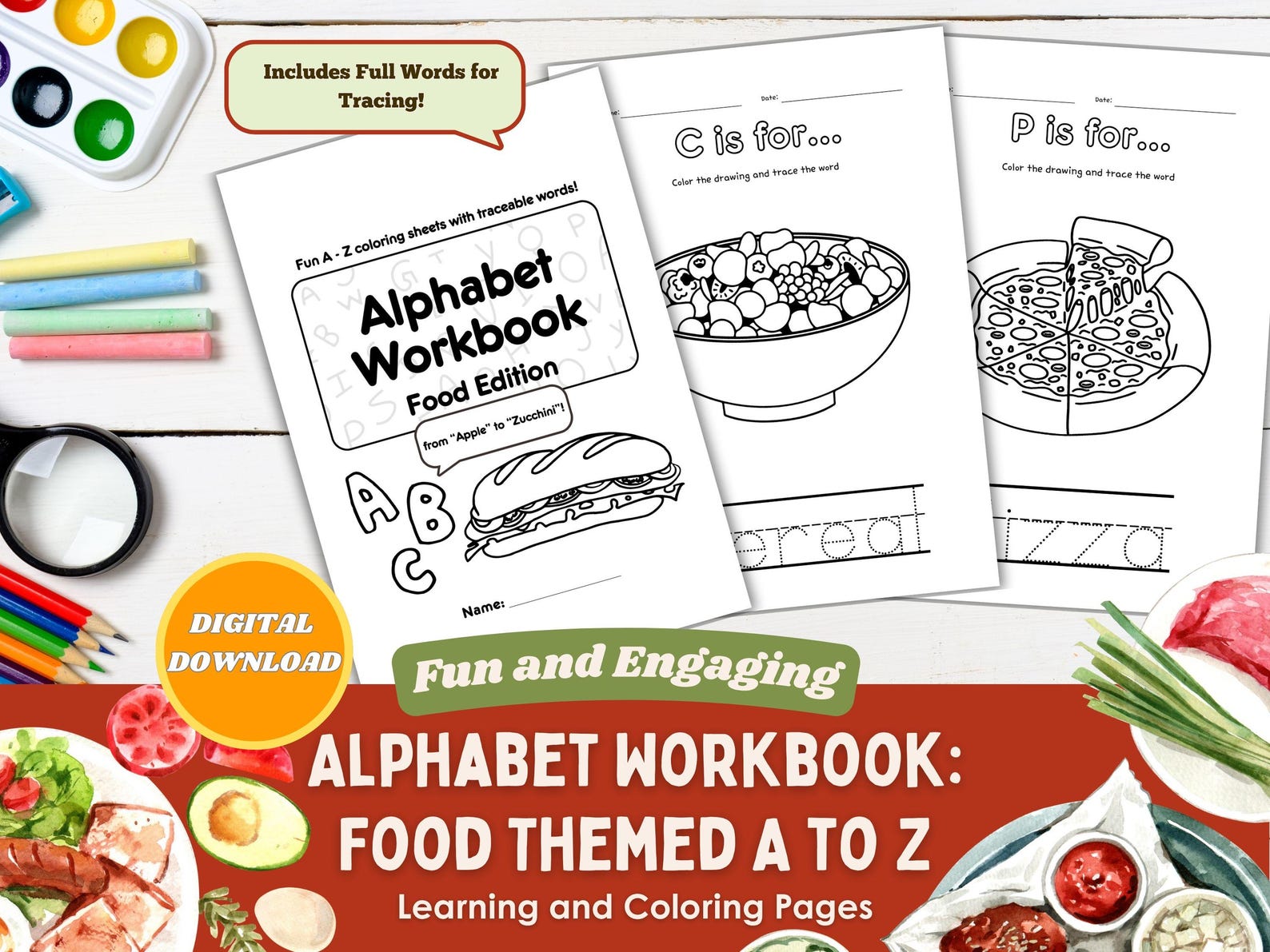 Alphabet Food Coloring Pages: Traceable Letters, Preschool Learning ...
