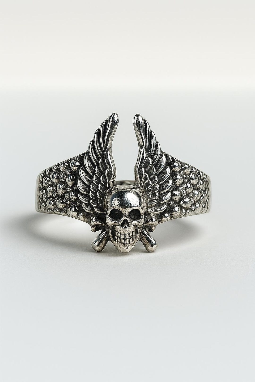 Sterling Silver Winged Skull Ring | Textured Biker Rocker Jewelry - Etsy