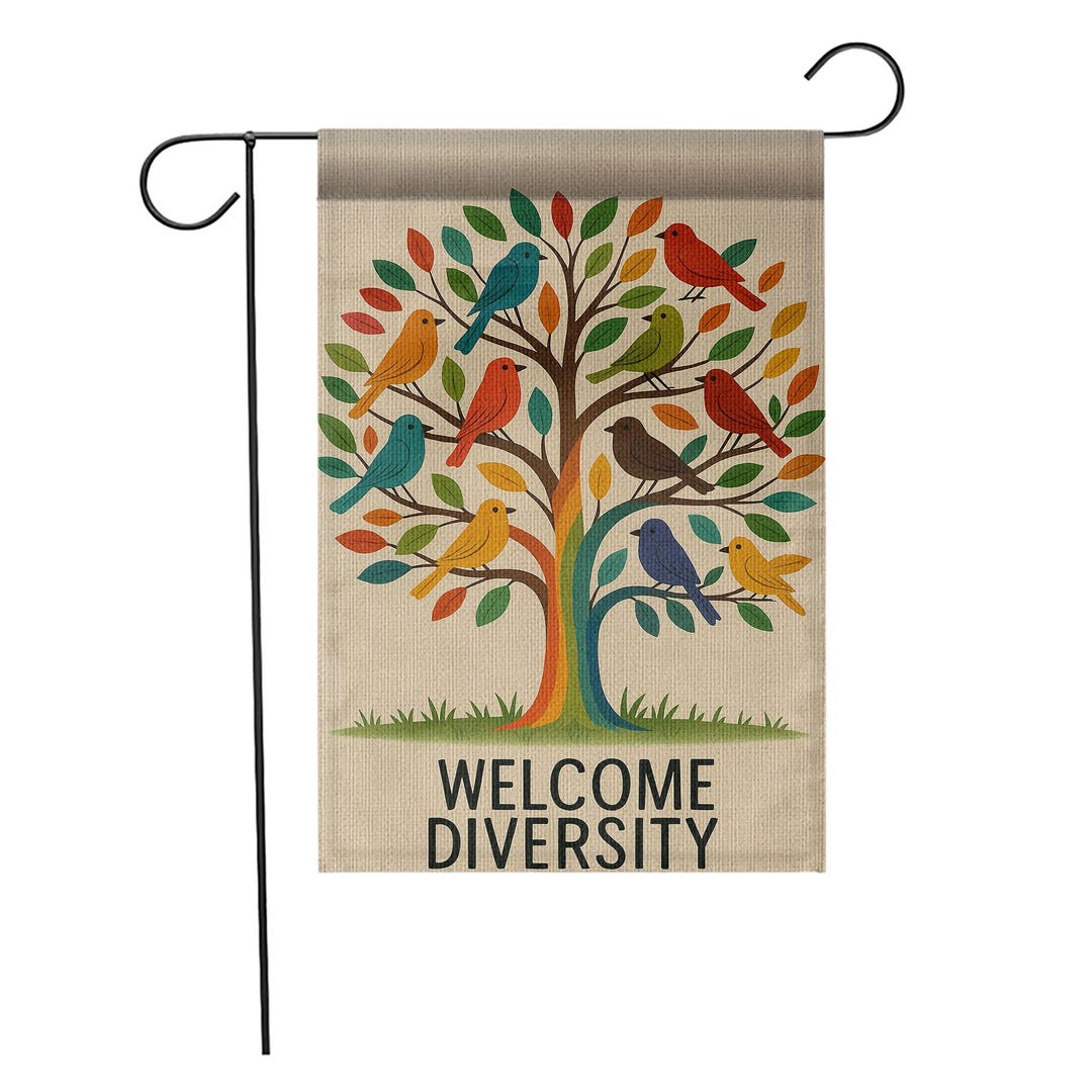 Welcome Diversity Garden Flag – Colorful Tree With Birds Outdoor Yard ...