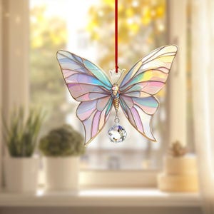 Pastel Butterfly Window Hanging With Crystal Drop, Soft Rainbow Wing ...