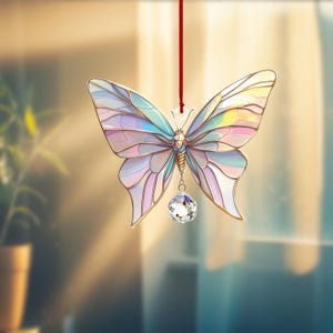 Pastel Butterfly Window Hanging With Crystal Drop, Soft Rainbow Wing ...