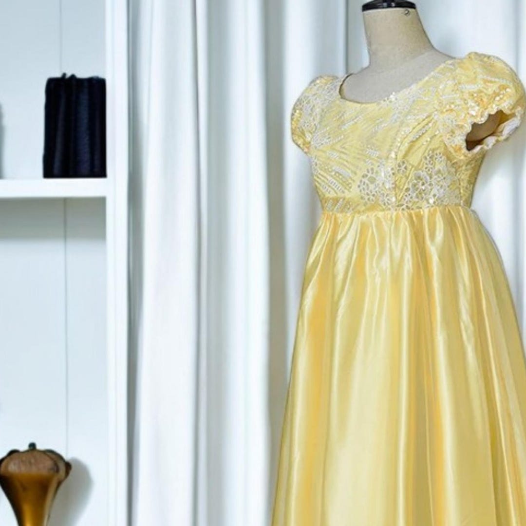 Elegant Regency Dress With Puff Sleeves, Satin Empire Gown for ...