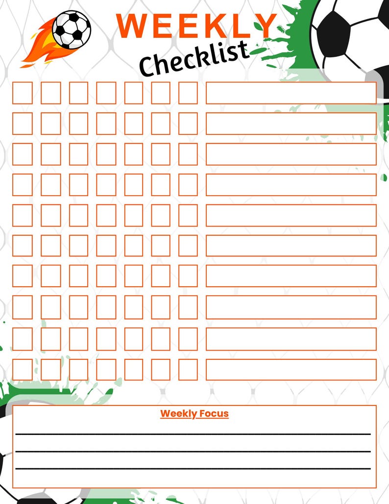 Soccer Themed Weekly Checklist Printable for Kids - Etsy