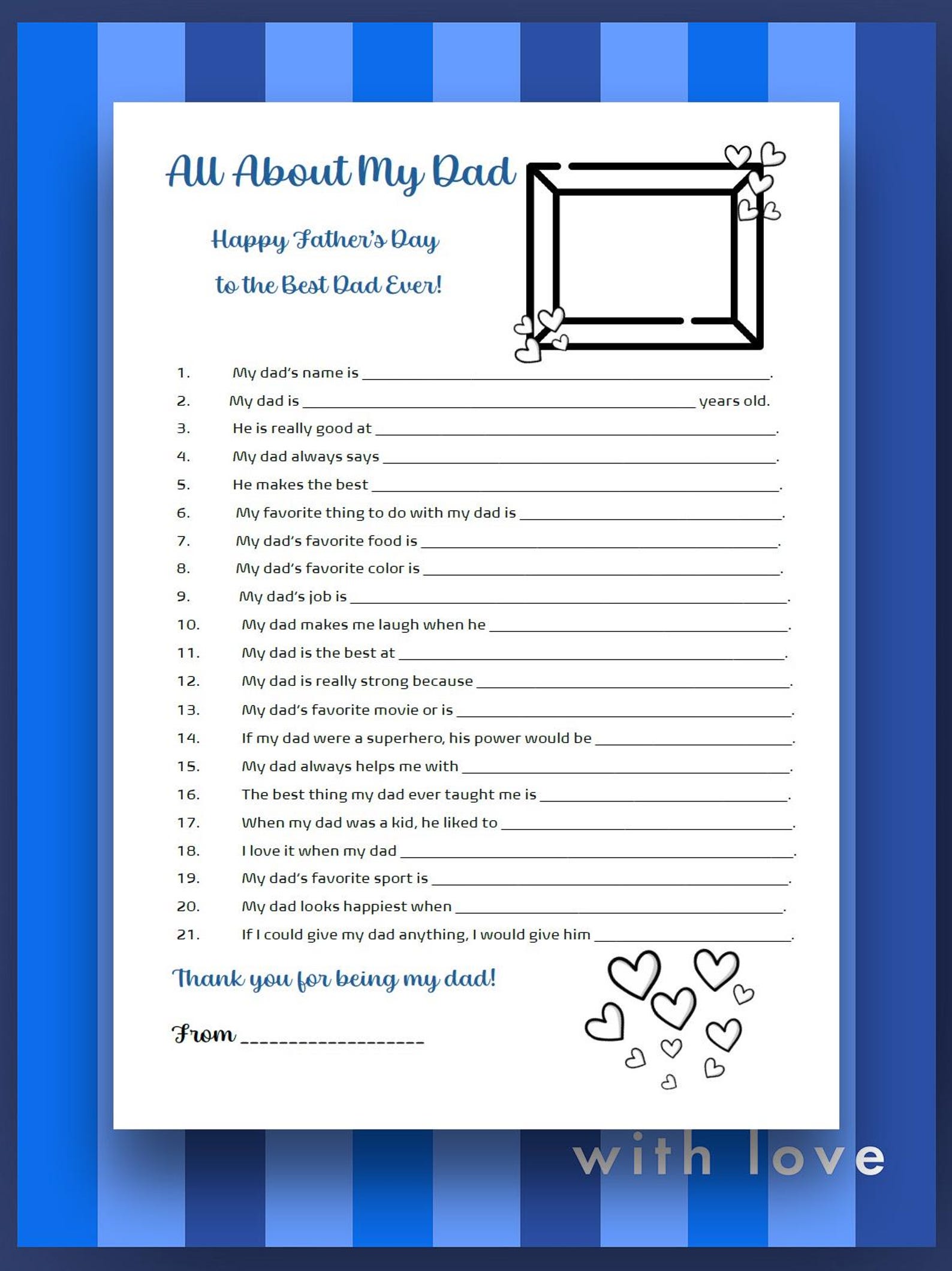 All About My Dad Printable Fathers Day Questionnaire Fathers Day Craft ...