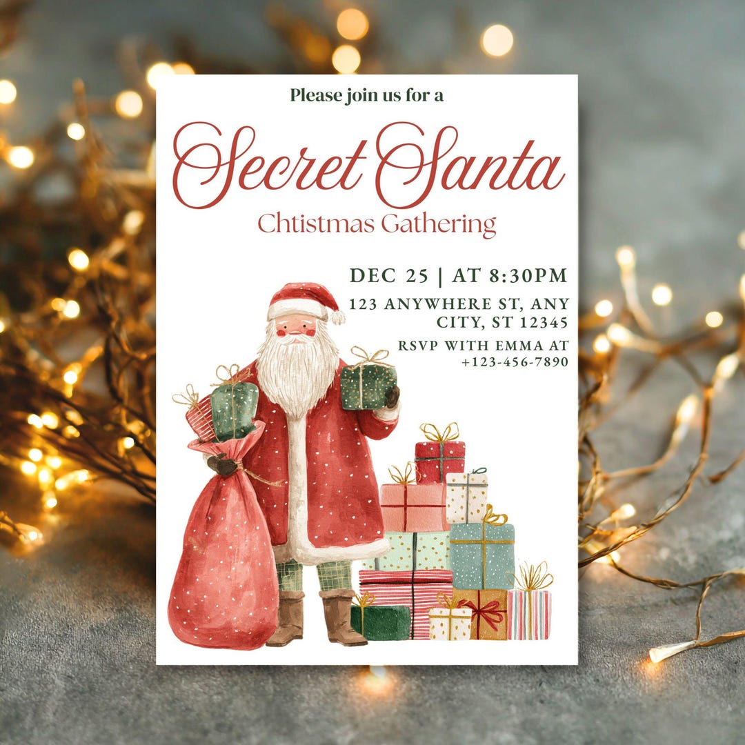 Secret Santa Party Invitation, Christmas Gift Exchange, Editable ...