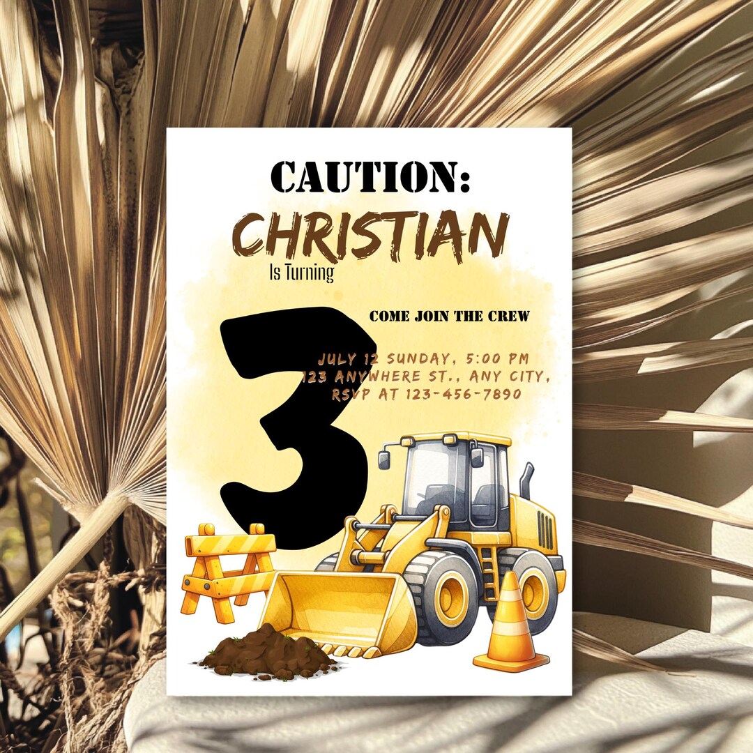 Caution Construction Birthday Invitation, Editable 3rd Birthday Invite ...