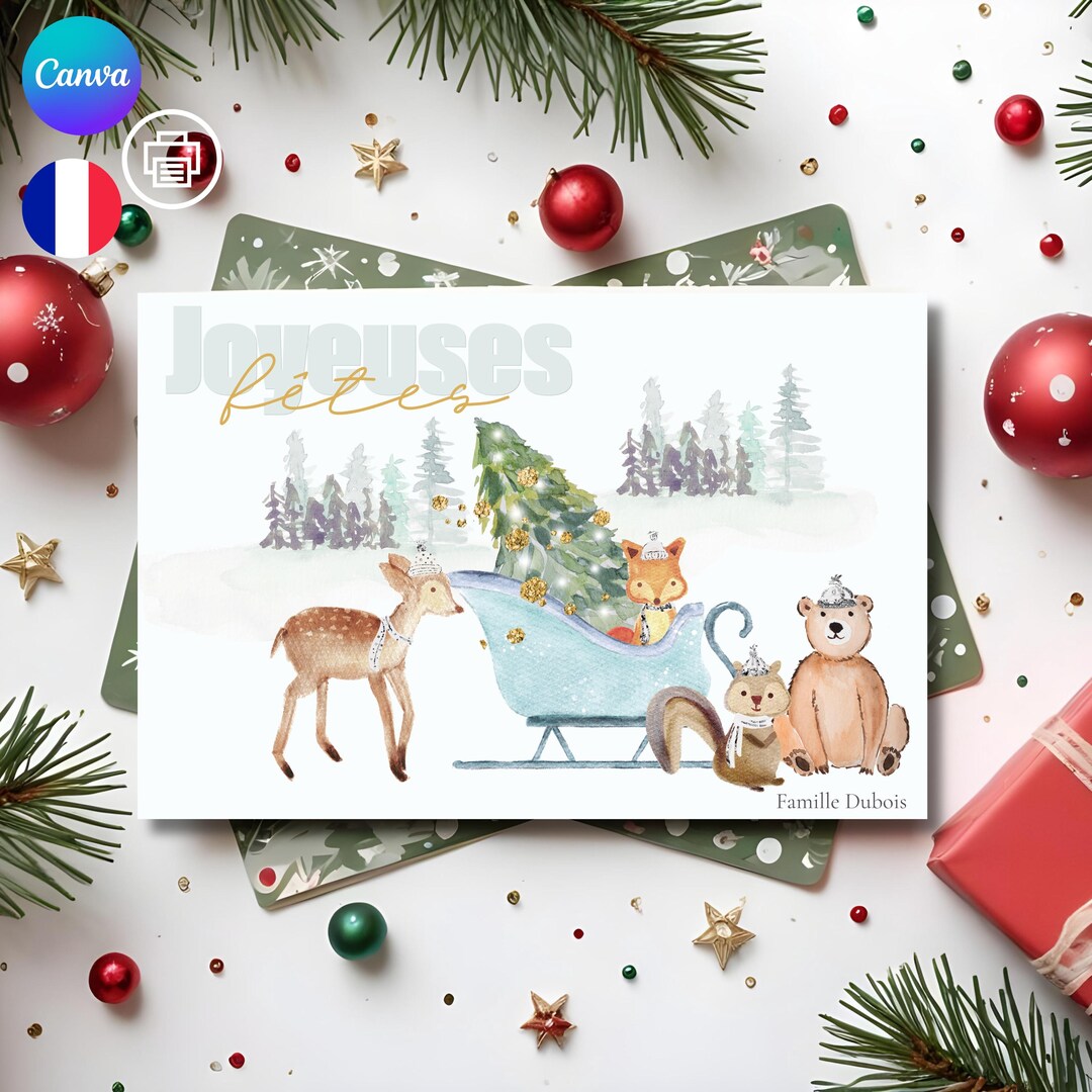 Happy Holidays Greeting Card in French – Forest Animals in Sleigh ...