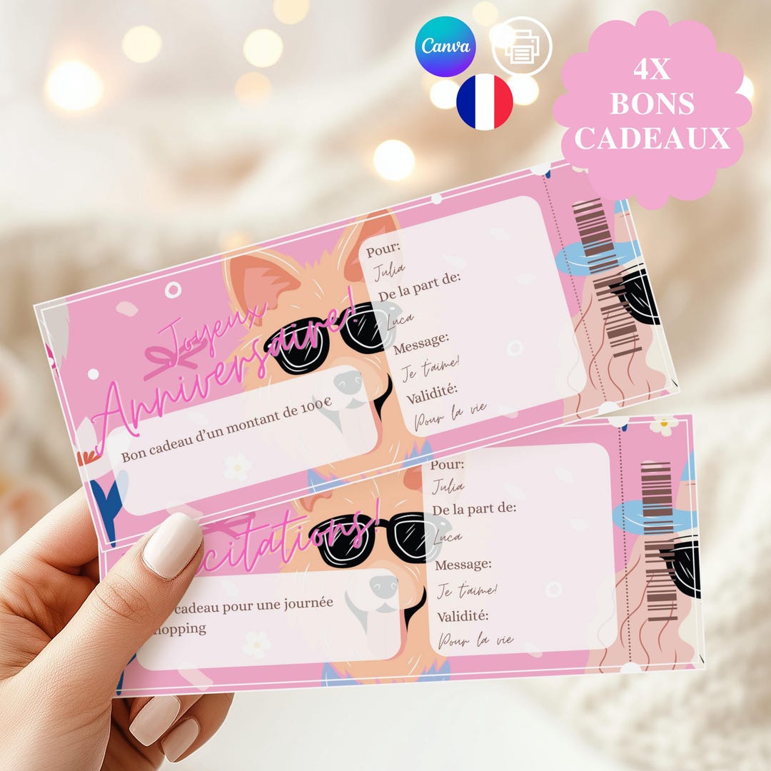 Personalized Gift Voucher Template in French, Funny Dog, Happy Birthday ...