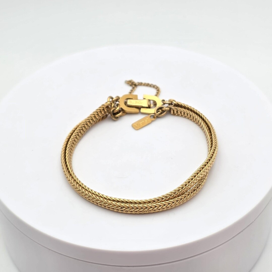 Vintage MONET Bracelet 2 Strand Wheat Chain Gold Plated Removable ...