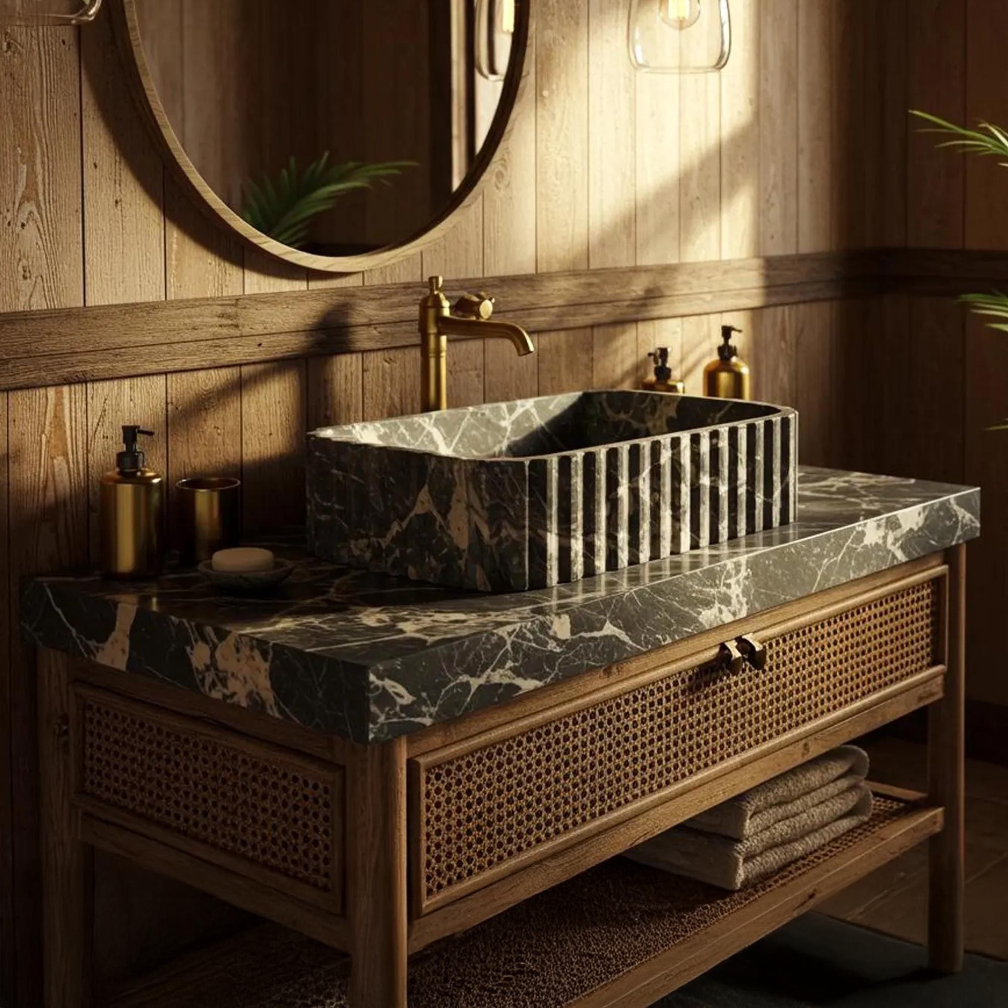 Picasso Marble Sink With Rattan Vanity – Fluted Stone Basin on Wooden ...