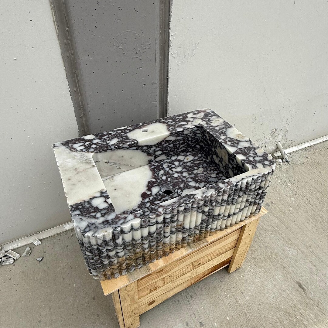 Calacatta Viola Marble Sink – Ribbed Rectangular Marble Basin, Custom ...