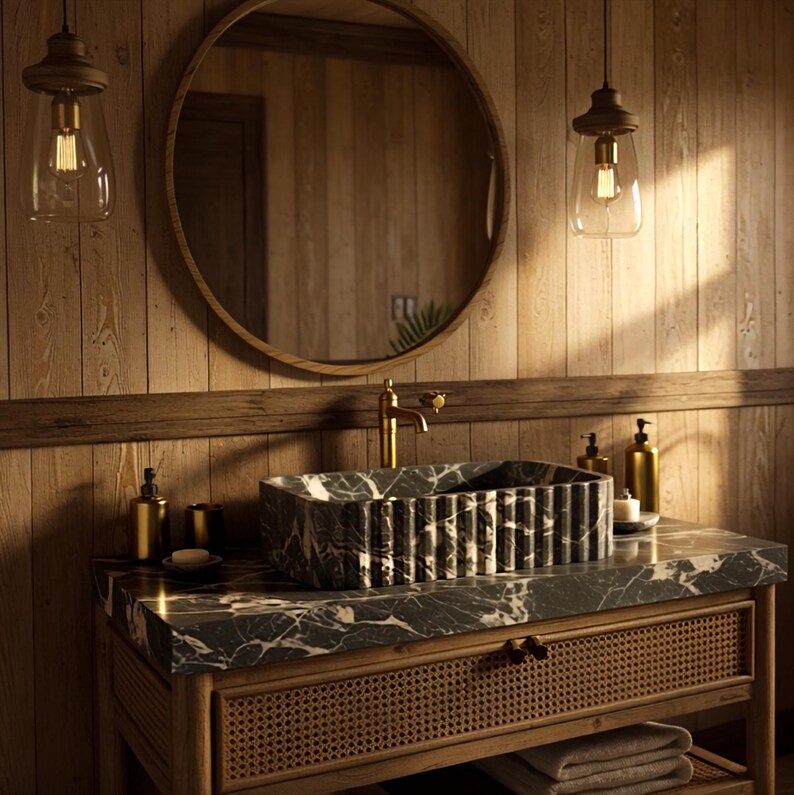 Picasso Marble Sink With Rattan Vanity – Fluted Stone Basin on Wooden ...