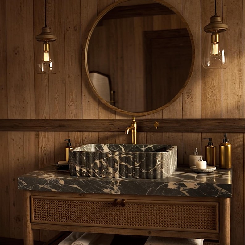 Picasso Marble Sink With Rattan Vanity – Fluted Stone Basin on Wooden ...