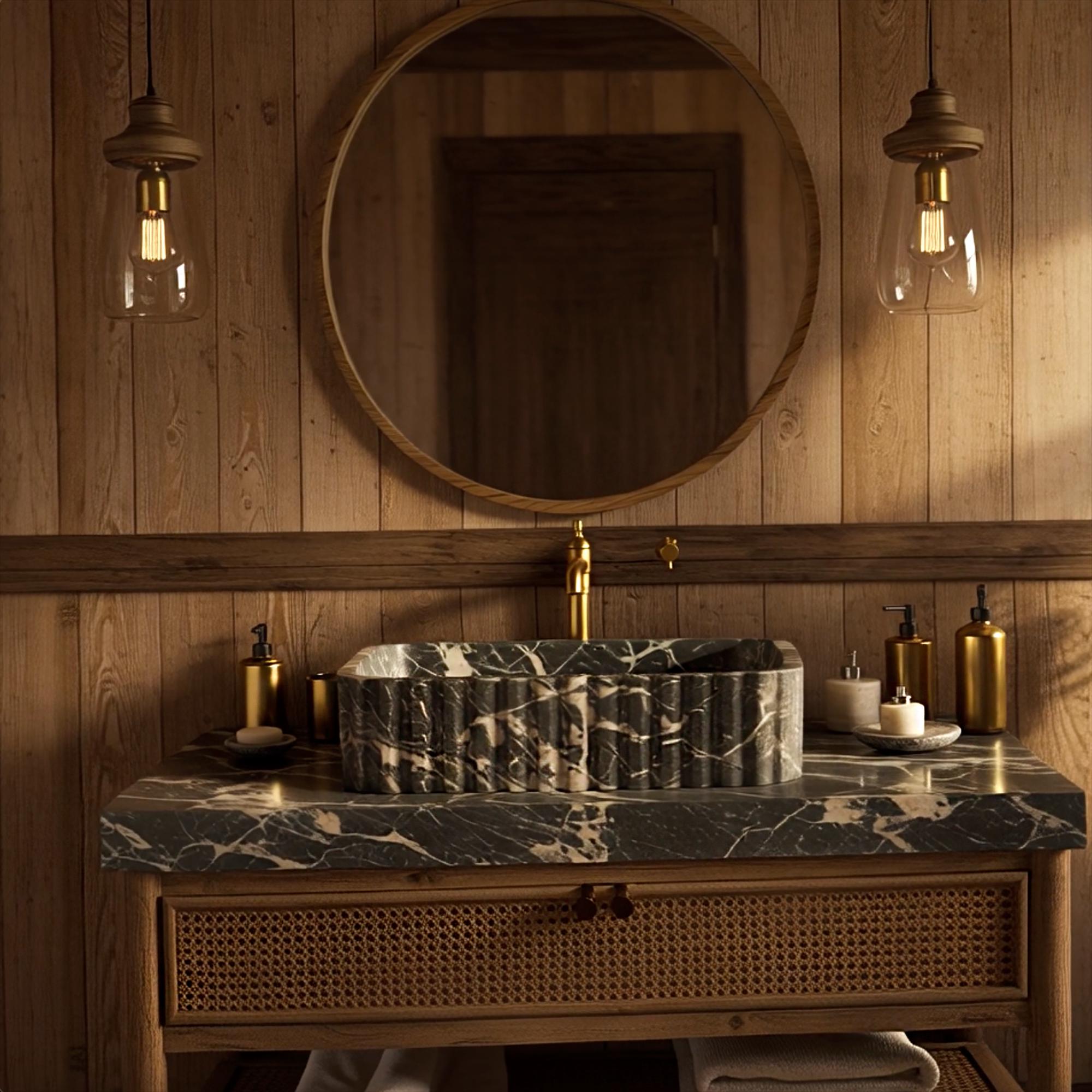 Picasso Marble Sink With Rattan Vanity – Fluted Stone Basin on Wooden ...