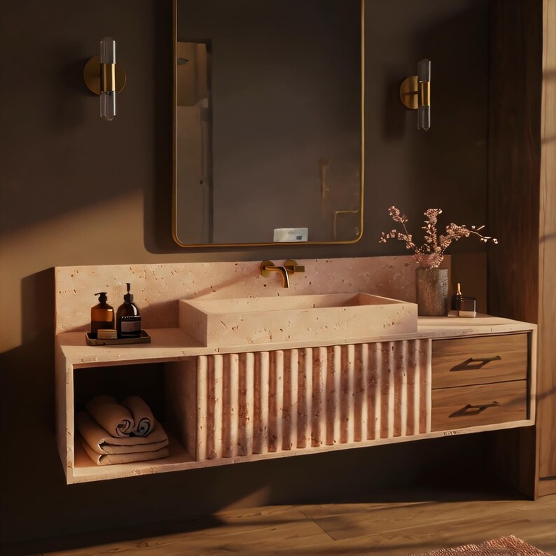Pink Violet Marble Sink, Fluted Wall-mounted Vanity, Floating Stone ...