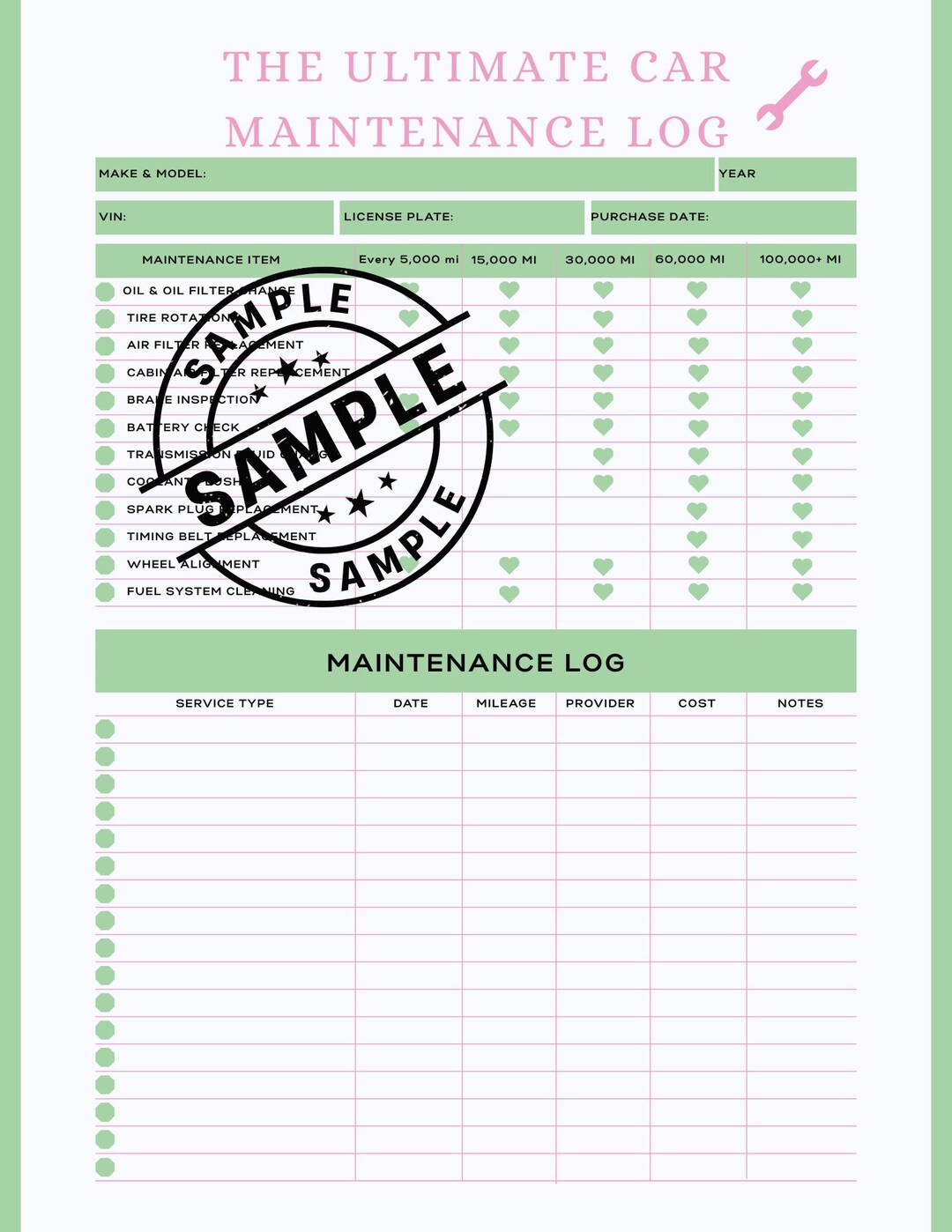Car Maintenance Log | Printable Auto Service Tracker | Vehicle ...